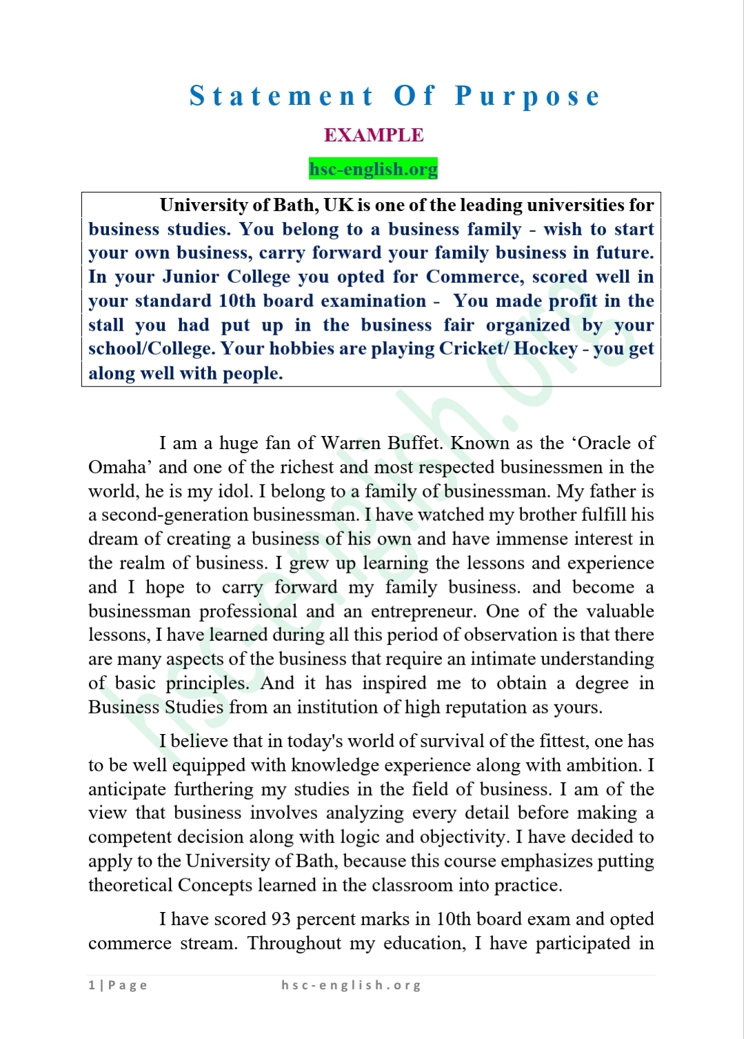 3.4 Statement of Purpose – Example - HSC English Teacher