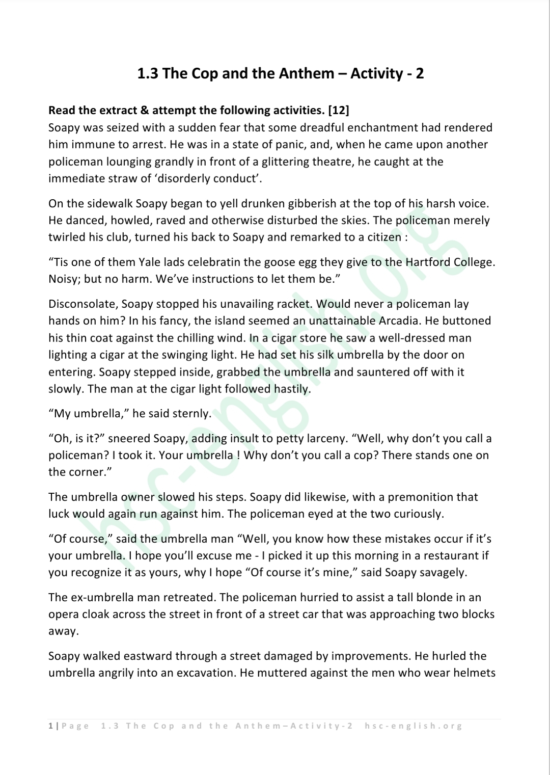 1.3 The Cop and the Anthem - Activity 2 - HSC English Teacher