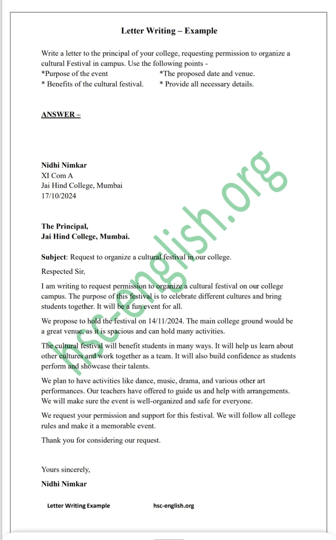 Letter Writing Example - HSC English Teacher